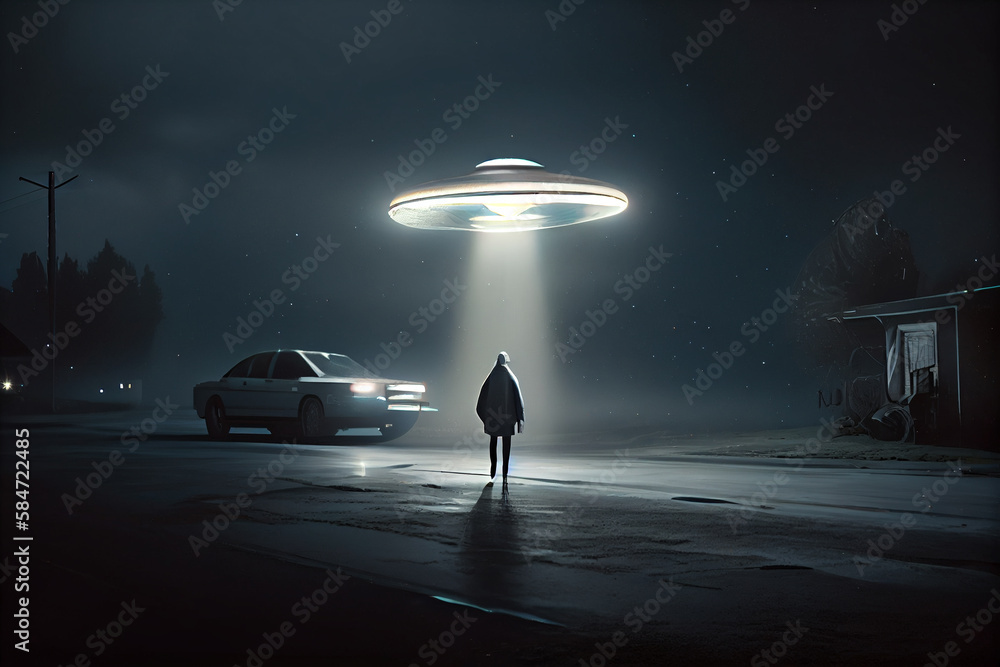 An alien saucer hovering over the city. UFO, alien invasion ...