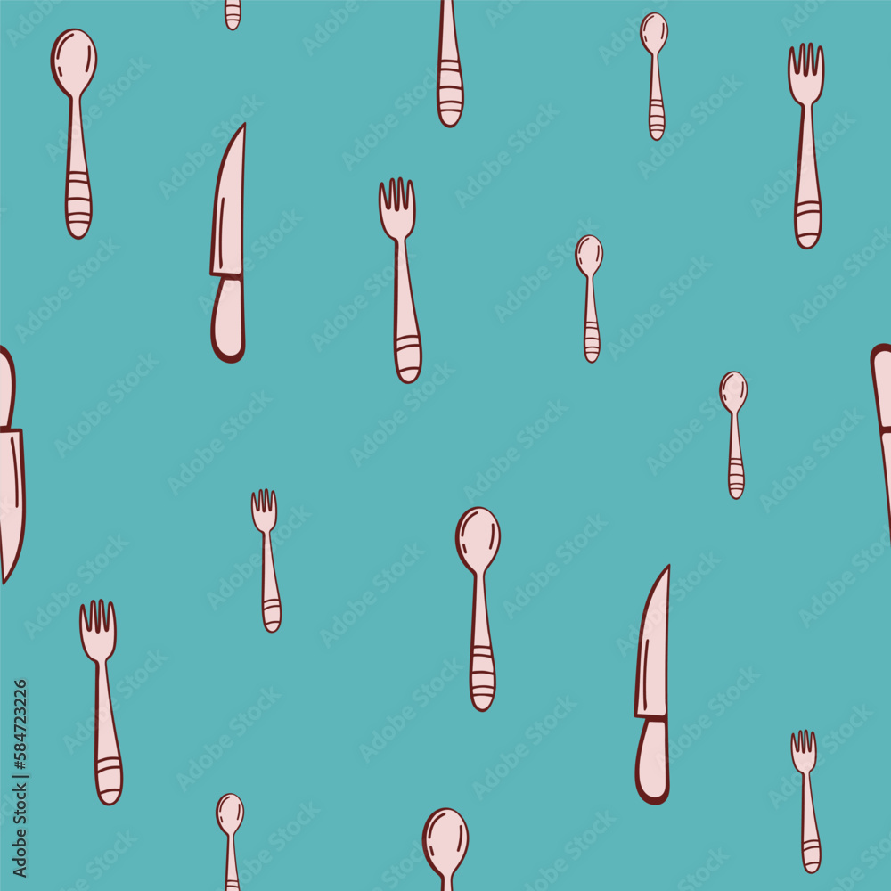 Seamless repeating pattern of plates and cutlery. Crockery knives and ...