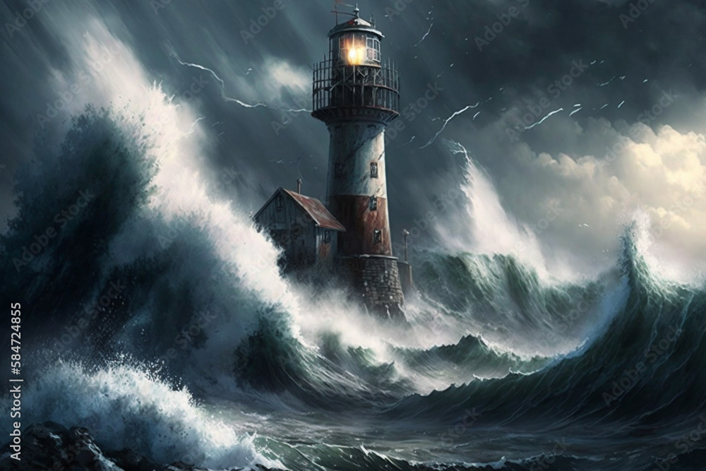 In this tempestuous setting, a lighthouse is surrounded by thunder ...