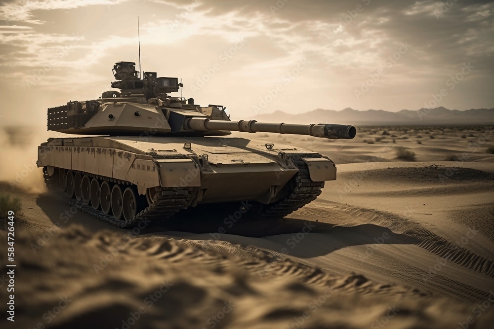 Tank in the desert, rush through the desert, tank in battle - created ...
