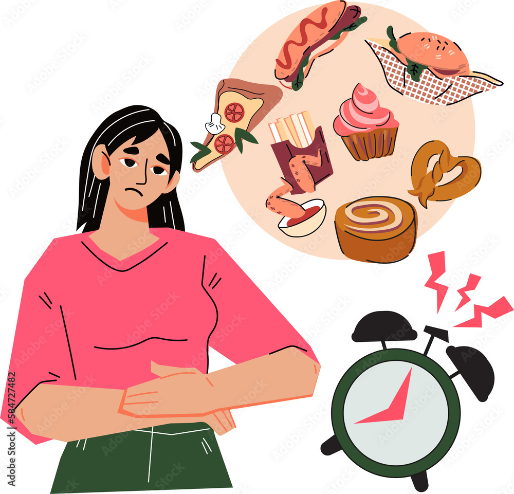 Woman feels pain in her stomach and discomfort from hunger. Irregular ...