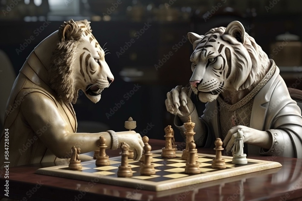 Lion and tiger in suit playing chess ultrarealistic, very detailed. created by AI. Generative AI ...