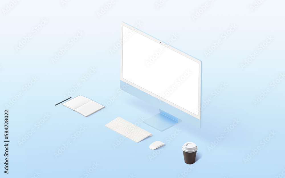 Isometric work desk with computer display, keyboard, mouse, pad, pen ...