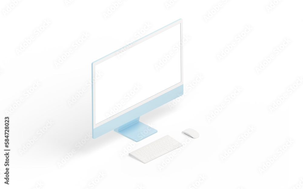Transparent modern computer display, keyboard and mouse. Isometric position. Isolated screen for ...