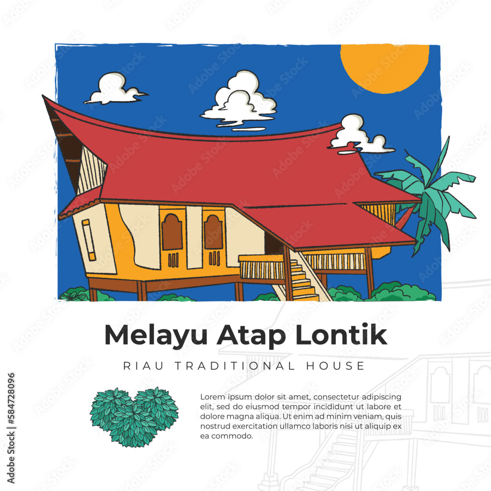 melayu atap lontik traditional house hand drawn indonesia culture for ...