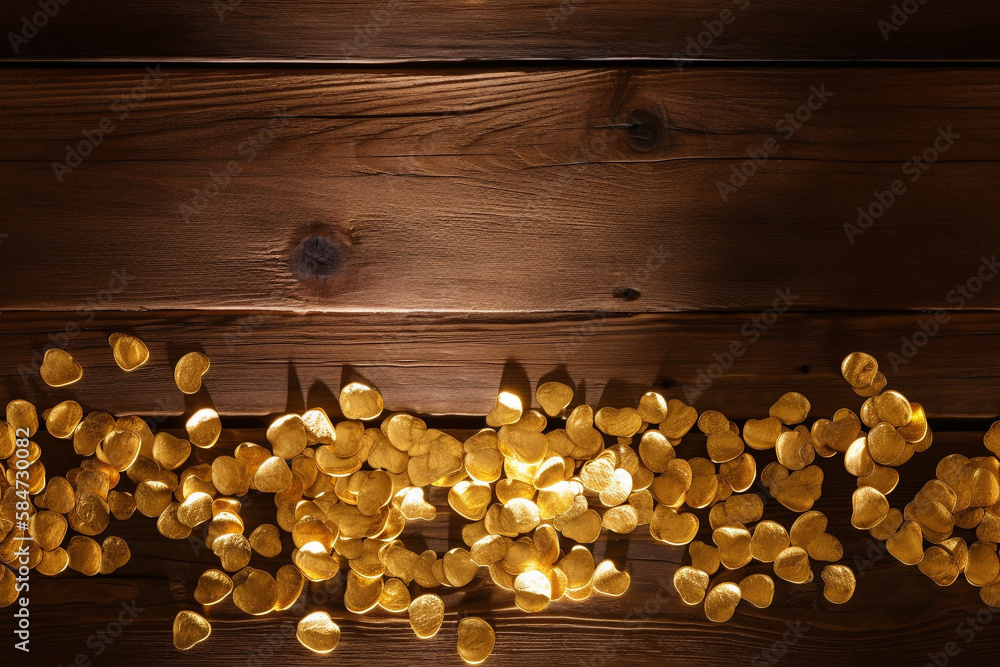 Gold nuggets on a deep color wooden surface table, tile ready image for ...