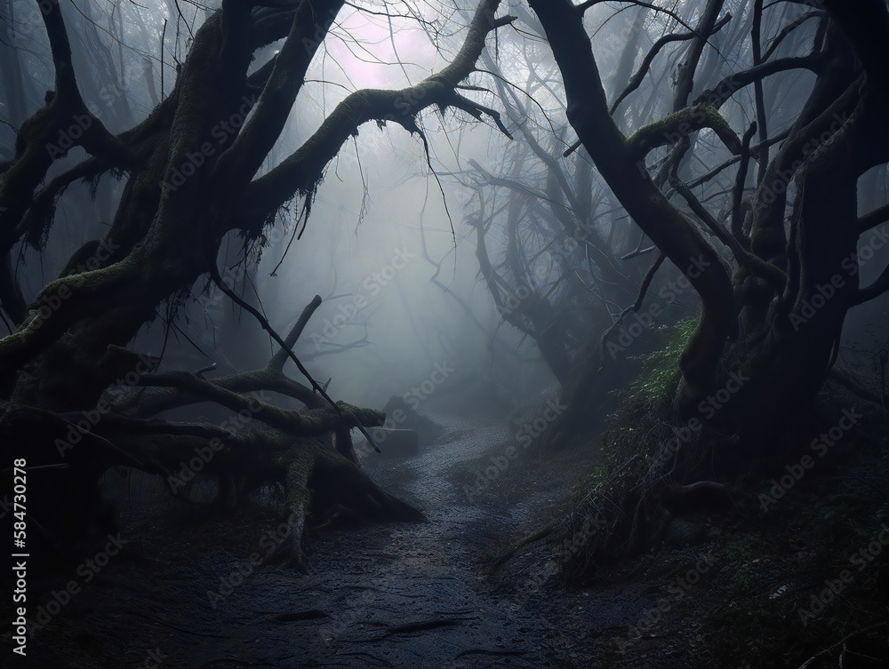 creepy foggy forest, mysterious shadows, scary tree silhouettes ...