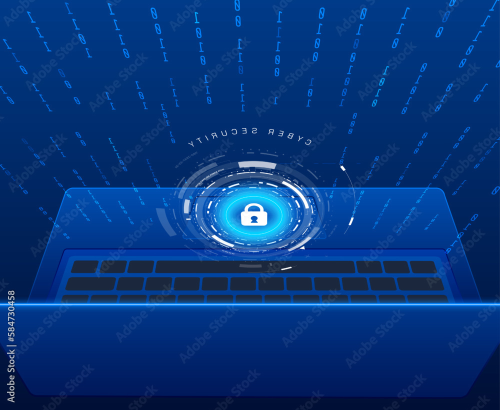 Technology cyber security data protection. Blue 3D laptop with hud UI ...