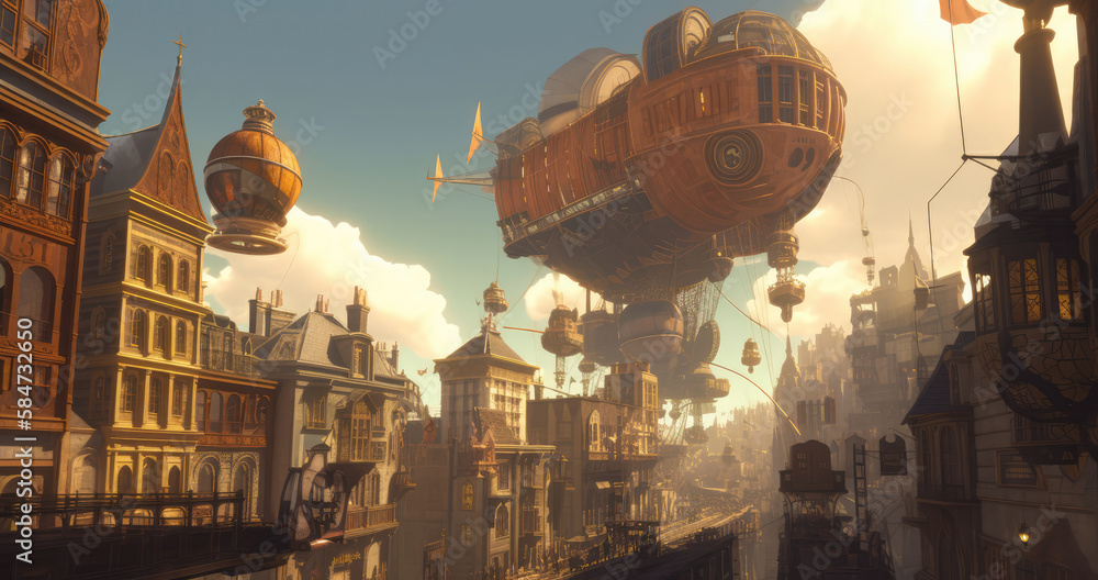 Fantastical steampunk cityscape with intricate brass architecture and ...