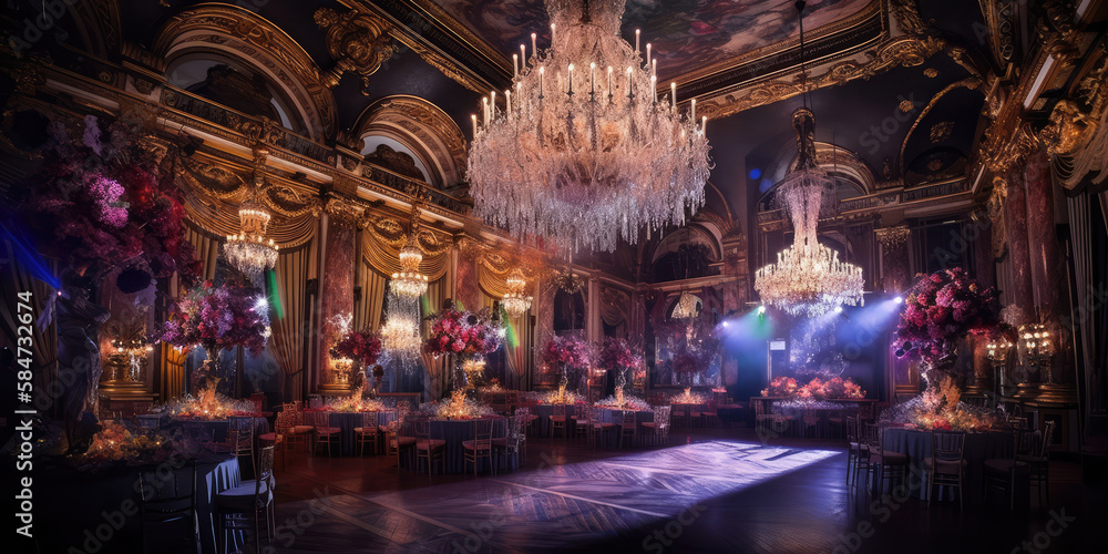 Interior of a dazzling masquerade ball set in an opulent palace ...