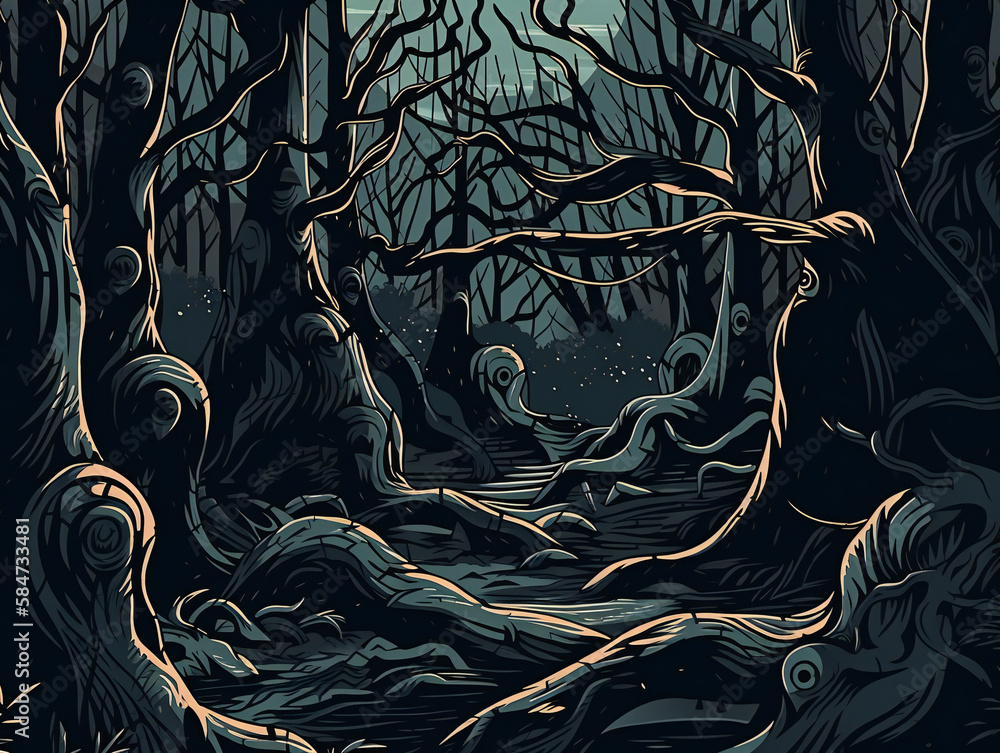 eerie forest scene artwork, ghostly trees, misty night, generative AI ...