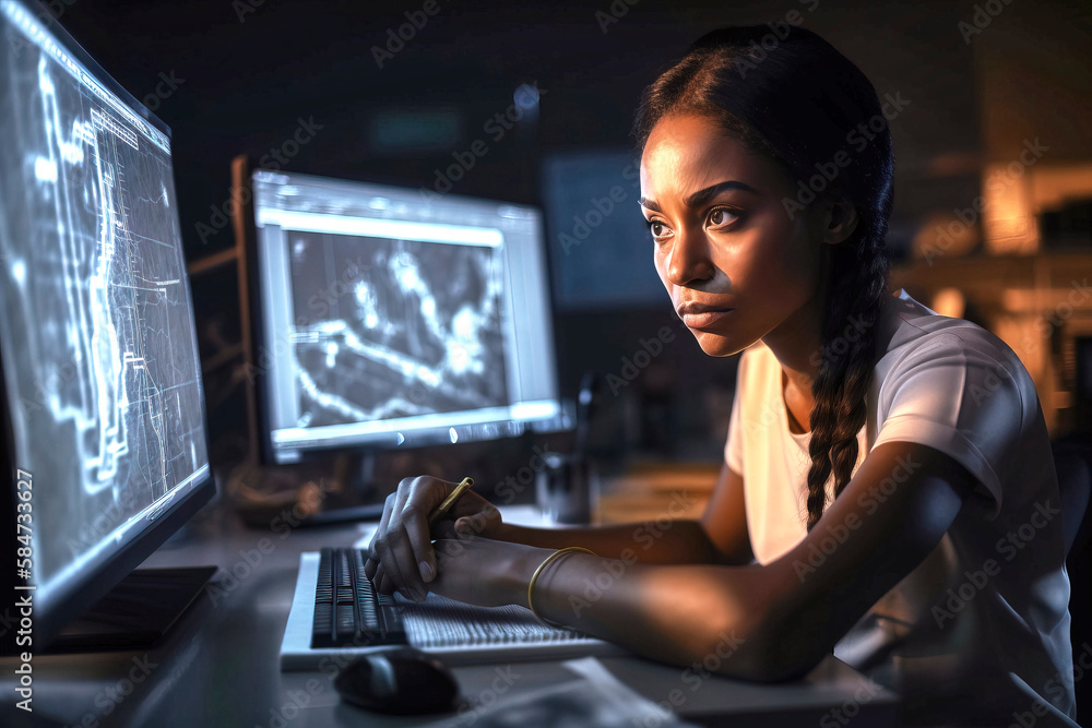 Young black female engineer sits in front of the monitor and constructs ...