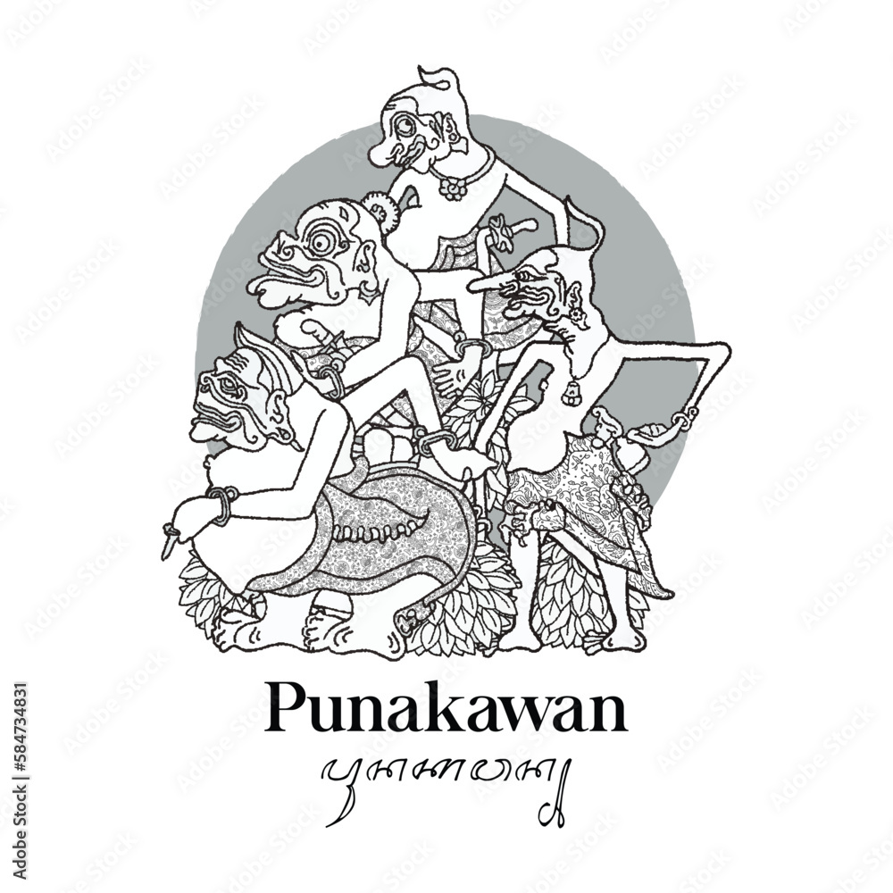 Vetor de Black and White Punakawan wayang illustration. Hand drawn ...