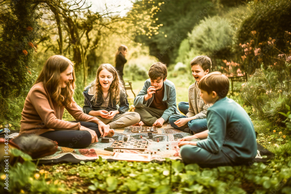 Family time outdoors- screen free week concept. Children and teenagers ...
