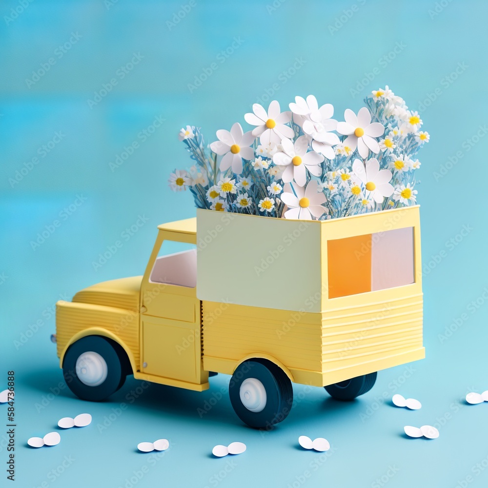 Yellow paper truck toy loaded with white spring flowers on blue ...