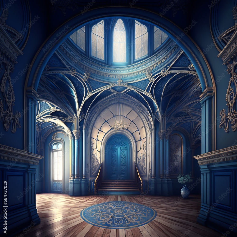 A realistic fantasy blue interior of the royal palace golden blue ...