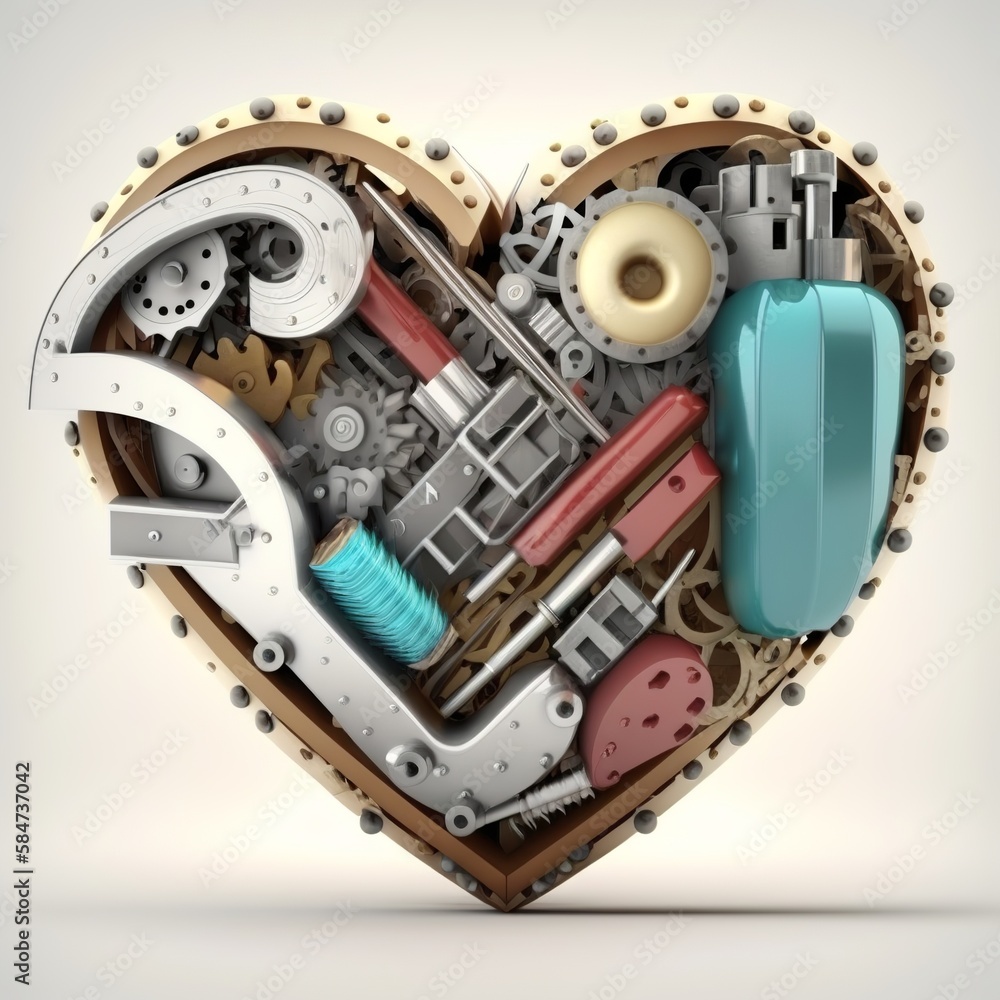 A symbolic heart made of construction tools Creative 3d render ...