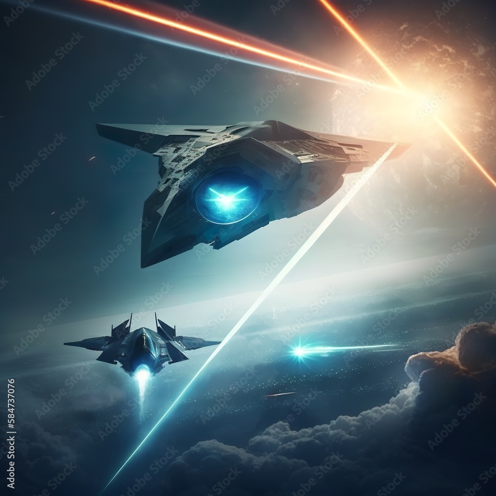 flying in the sky, trailing a laser light, two fighter jets are ...