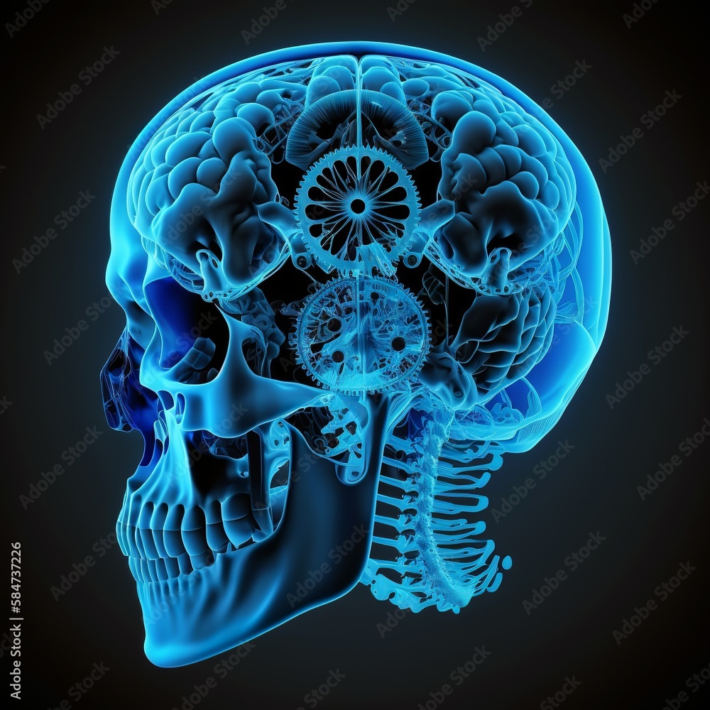 Blue x-ray of the brain and skull with gears turning inside medicine ...