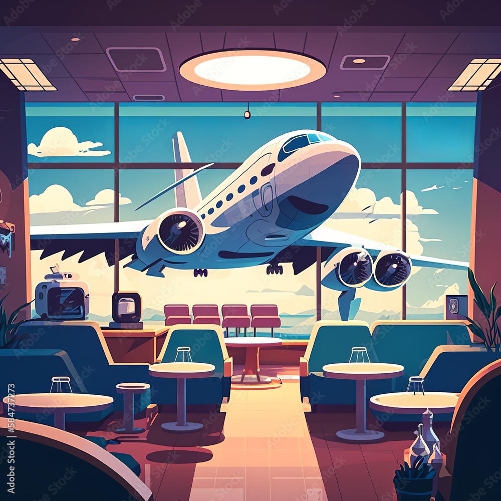 Cartoon airport terminal lounge with airplane on background passenger ...
