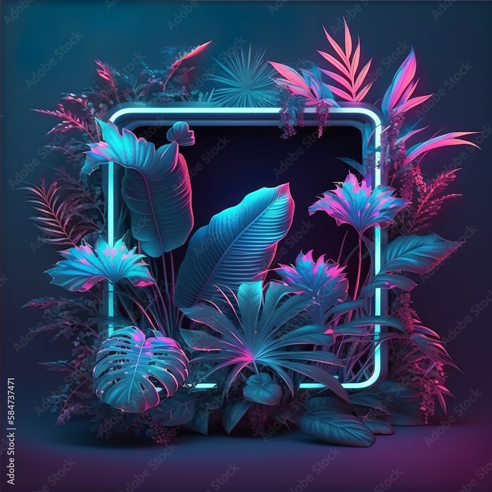 Cyber Background Design. Tropical Plants with Pink and Blue, Square ...