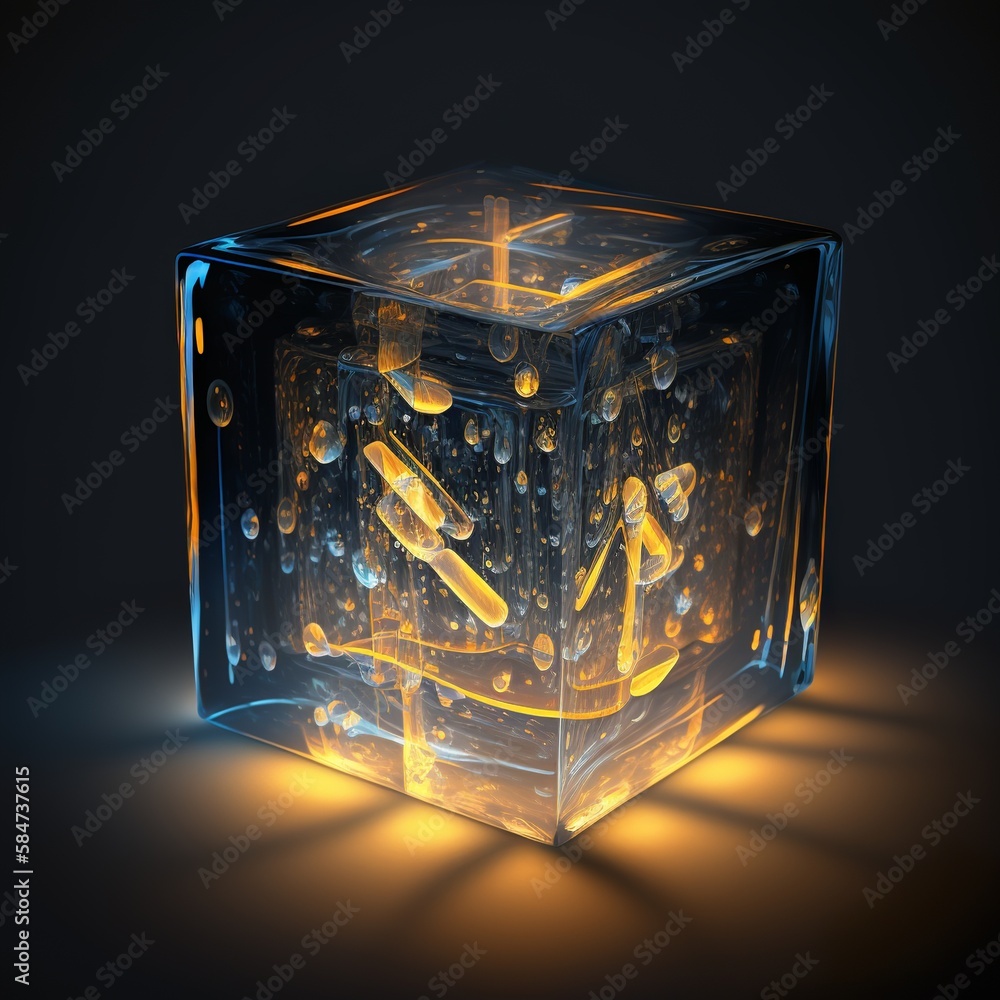 Glass cube with glowing lights in dark liquid transparent bacteria ...