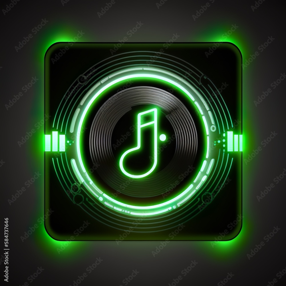Green neon light music icon. Vibrant colored Audio technology symbol ...
