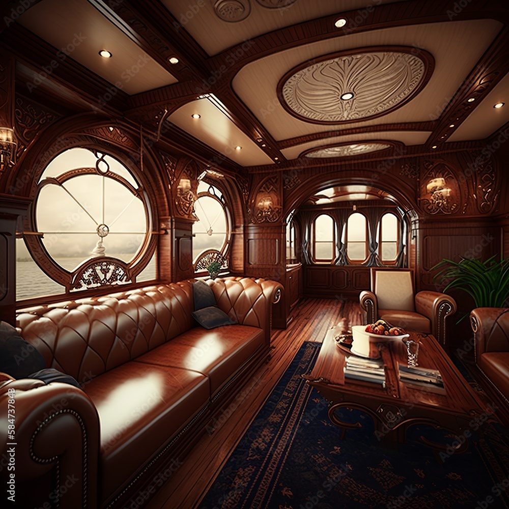 Interior of luxurious private ship with leather seats modern for rich ...