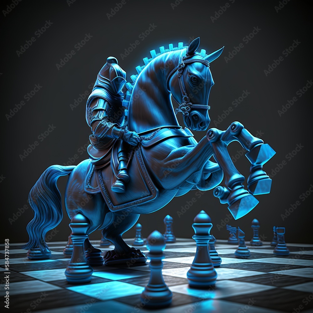 Stockillustratie Knight chess attack to win the race. chess board, 3d ...