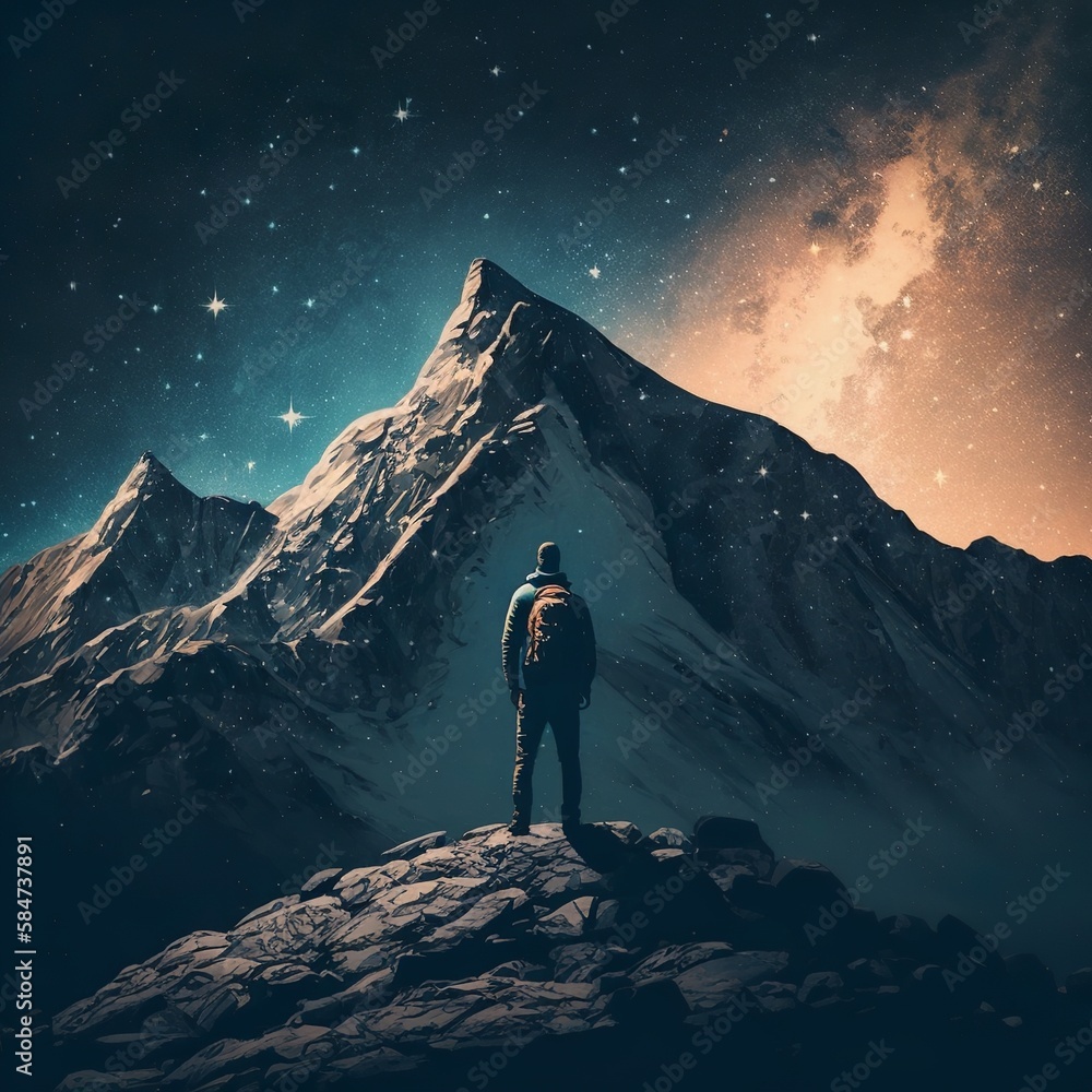 man standing on cliff looking mountains view with starry sky, digital ...