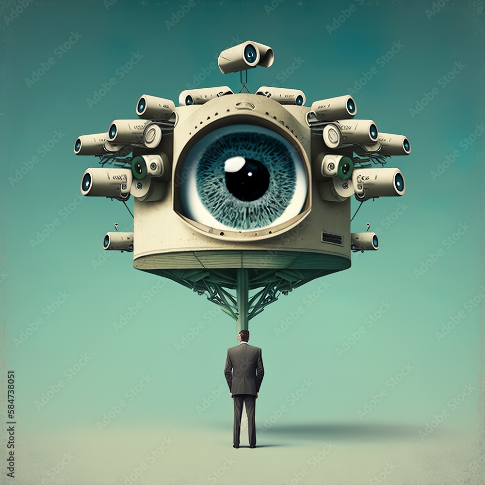 Portrait of person balancing modern surveillance technology camera man ...