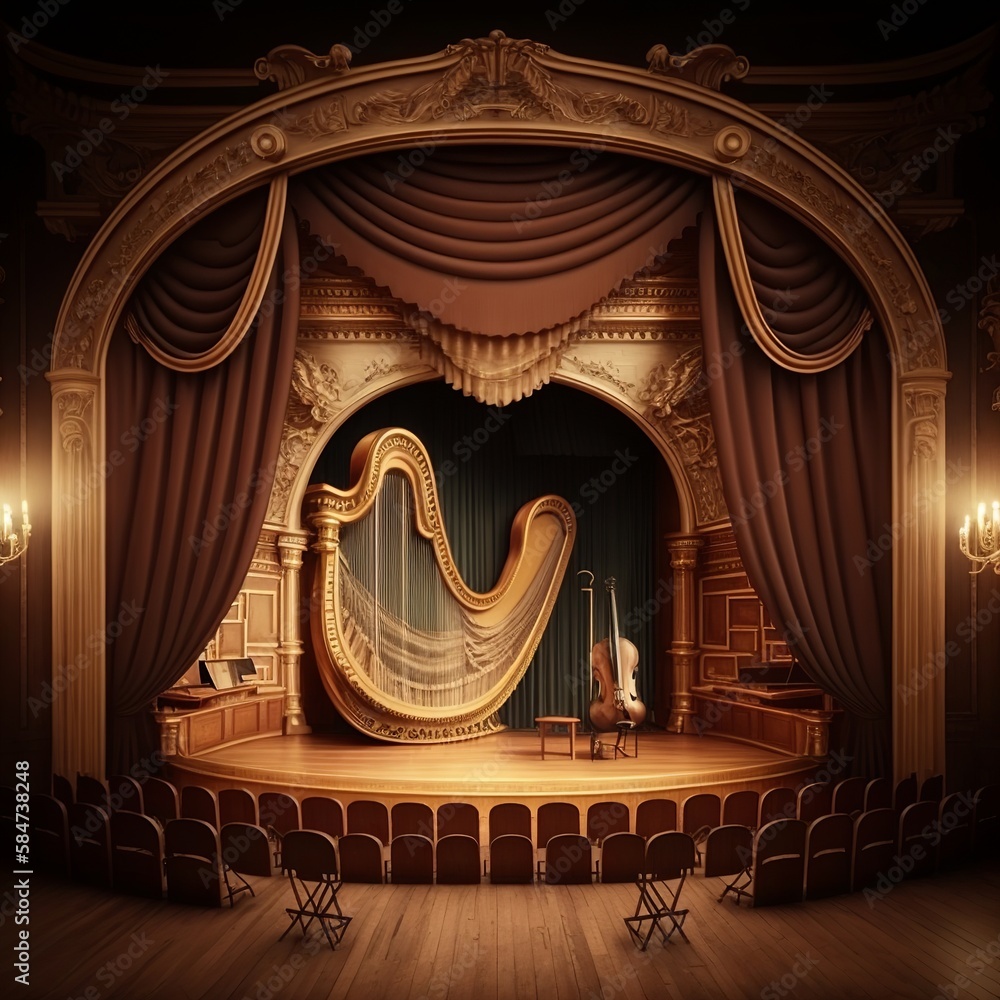 Theatre interior with wooden scene with luxury velvet drapes, music ...