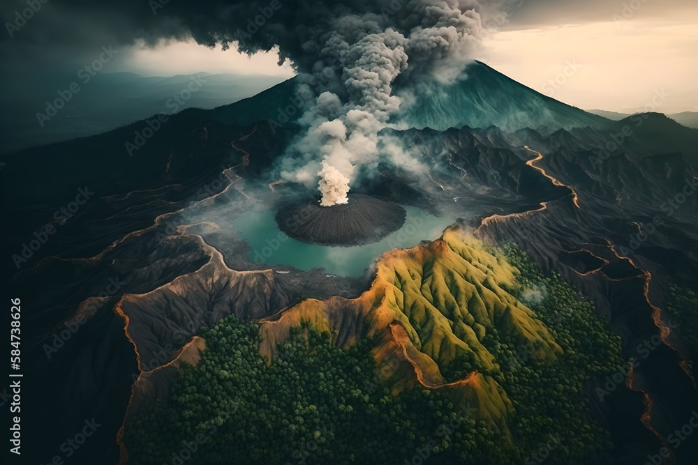 Volcano erupting, earthquake and natural disaster, huge smoke cloud and ...