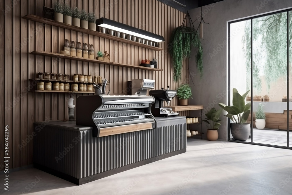 Ambiente 3d render de uma cafeteria com móveis em madeira escura e piso ...