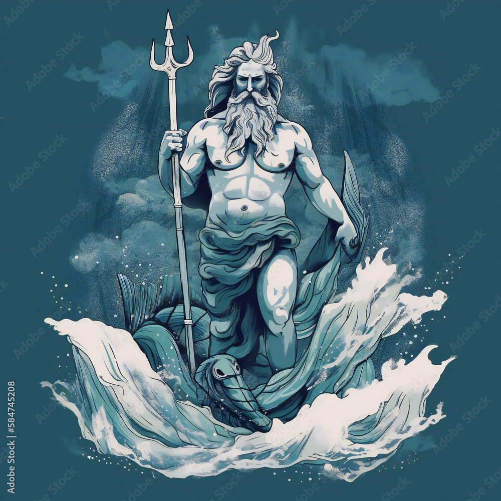 poseidon, illustration, greek god of the sea, trident in hand ...