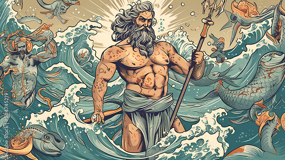 ancient greek mythology poseidon, illustration, god of oceans and ...
