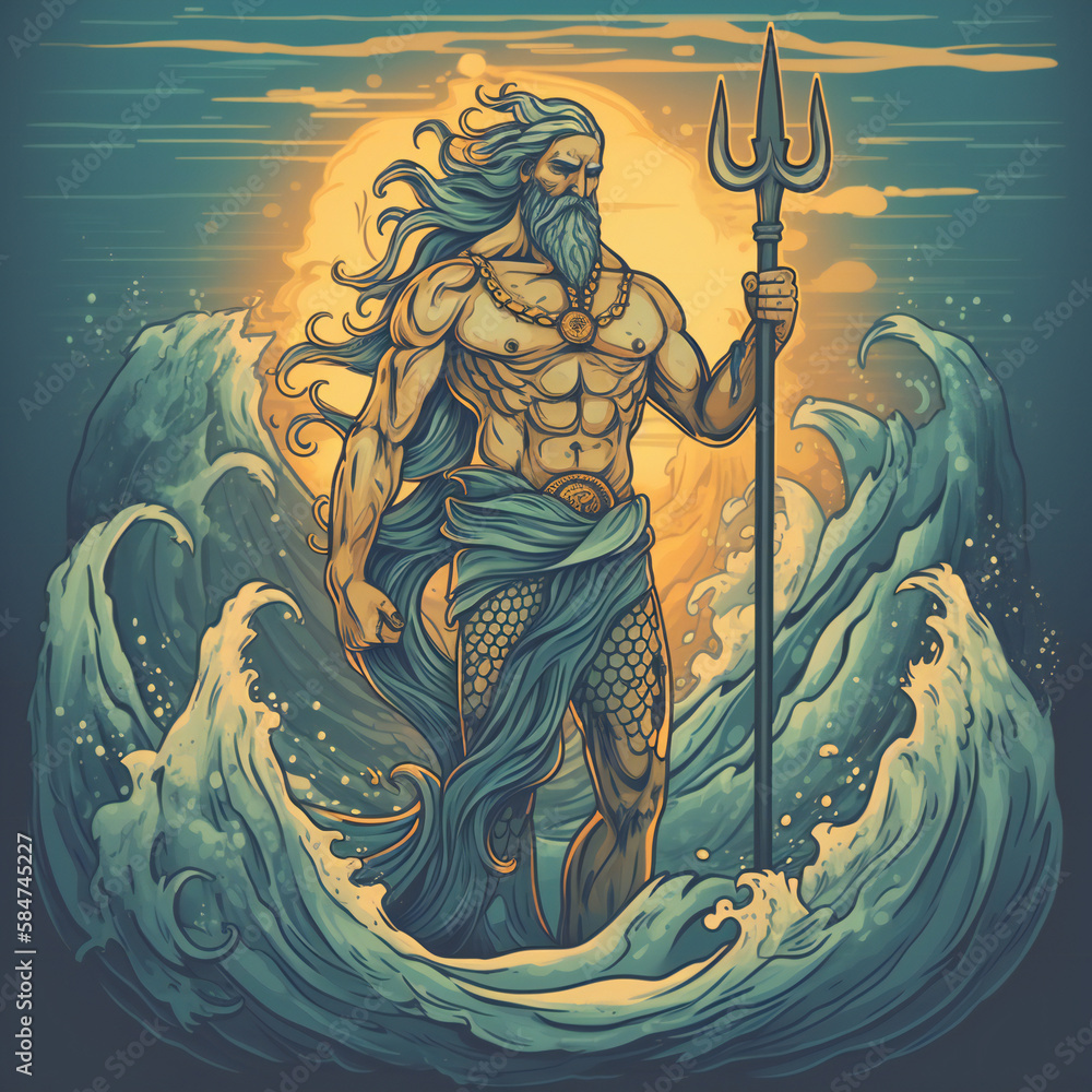 poseidon, illustration, greek god of the sea, trident in hand ...