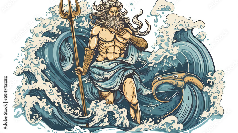 poseidon, illustration, greek god of the sea, trident in hand ...