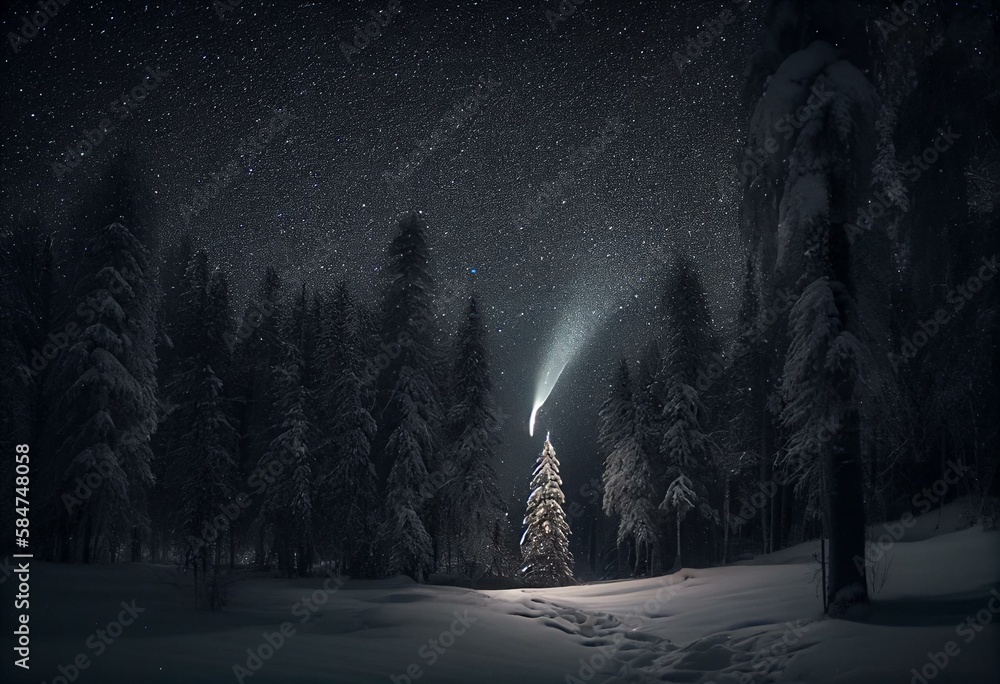 Christmas night. The first star lit up in the winter forest with snow ...