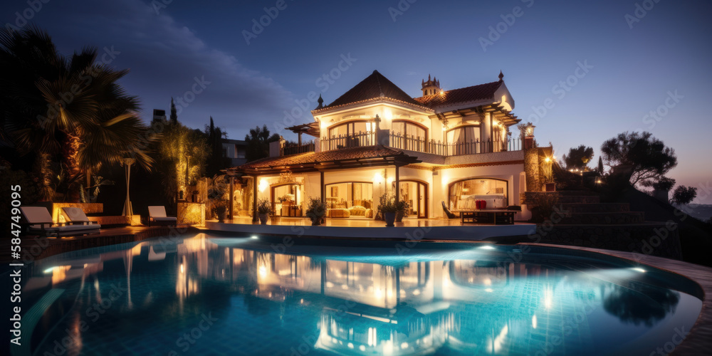 Villa moderne et luxueuse avec piscine au premier plan, vue nocturne ...