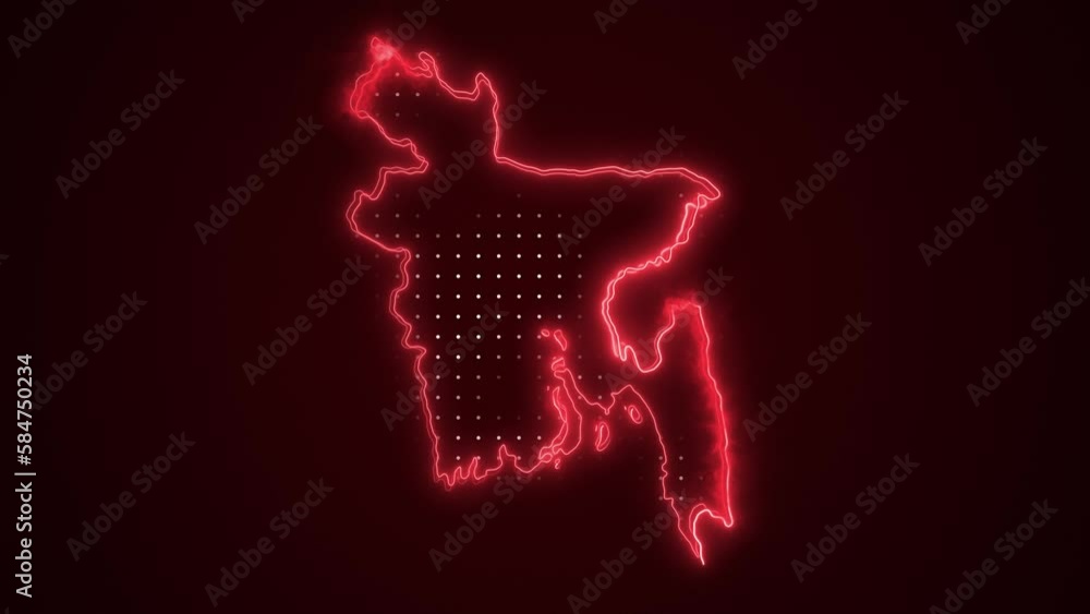 Neon Red Bangladesh Map Borders Outline Loop Background. Neon Red ...