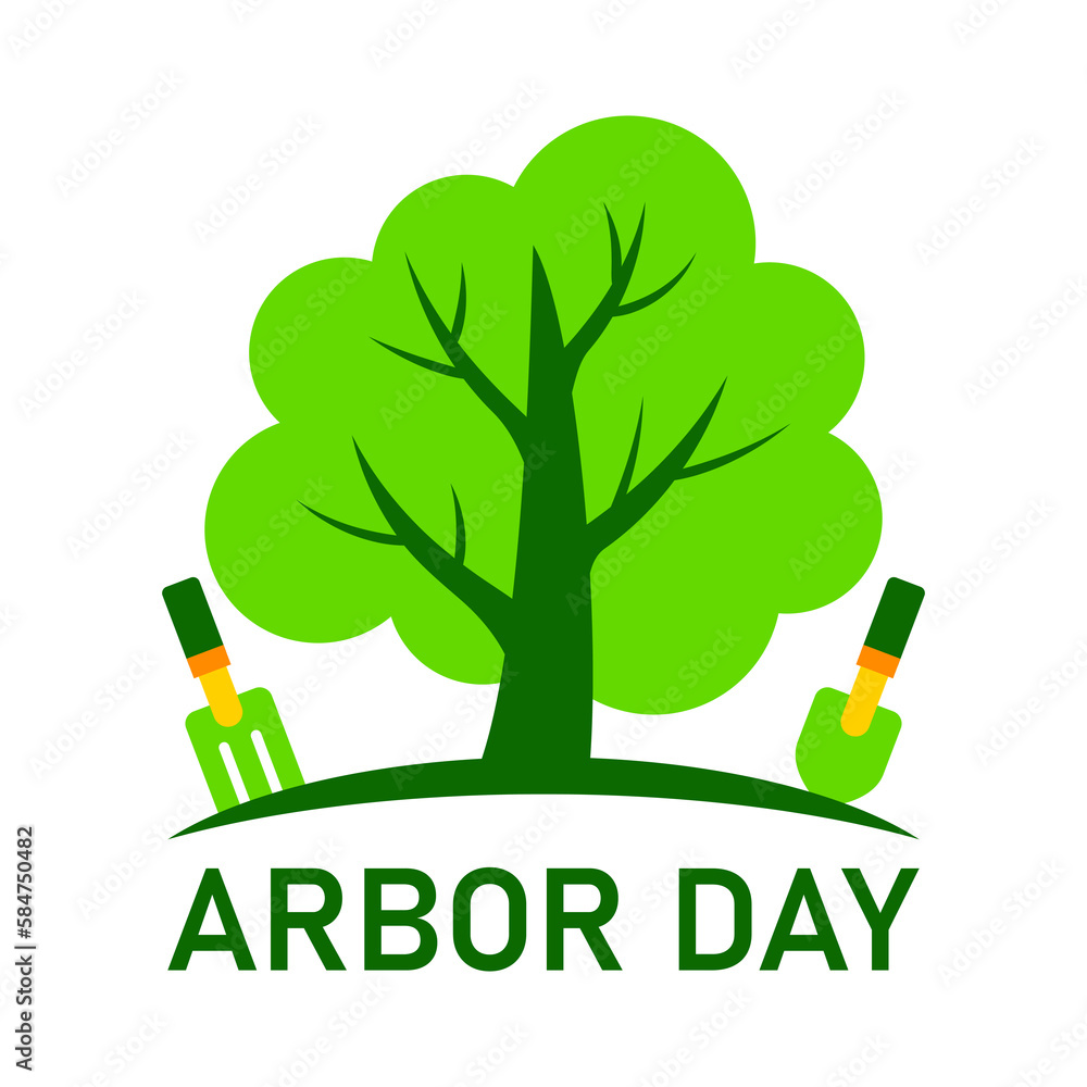 Arbor Day symbol or icon with planting Green tree and shovel and fork ...