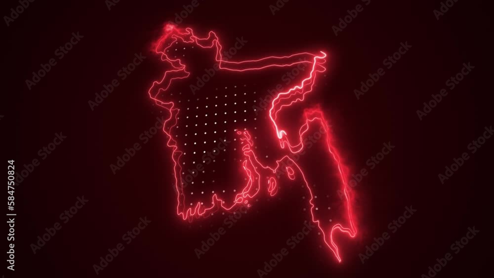 3D Moving Neon Red Bangladesh Map Borders Outline Loop Background. Neon ...