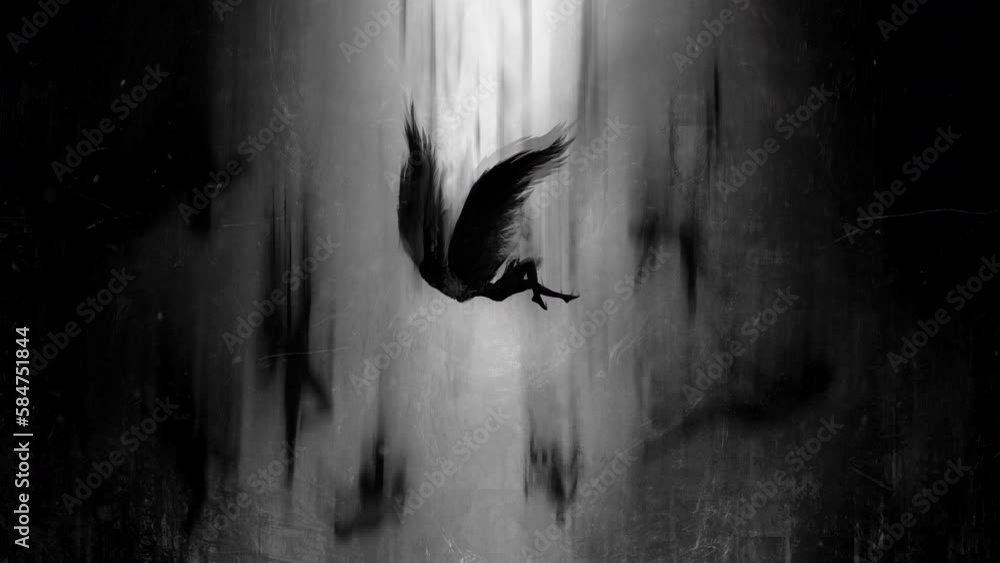 The angel Lucifer, exiled from paradise, falls from heaven, unable to ...