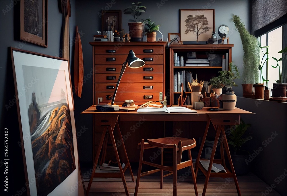 Unique artist workspace interior with stylish teak commode, wooden ...