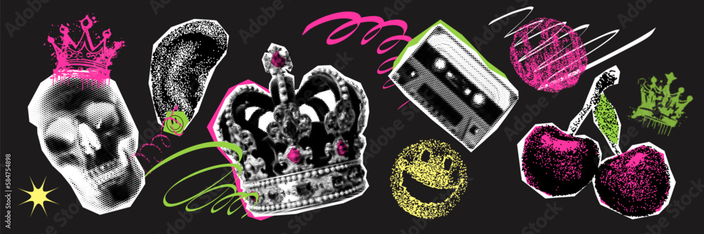 Vetor de Dithering halftone collage elements for mixed media design ...