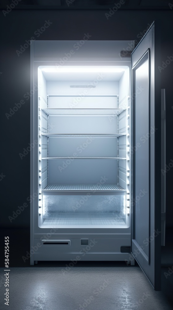 Clean big open fridge with empty shelves. Vertical illustration of ...