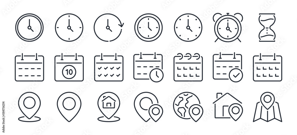 Time, date and address concept editable stroke outline icons set ...