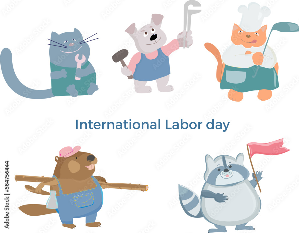 Set of hand drawn cartoon animals with different tools for Labor Day ...