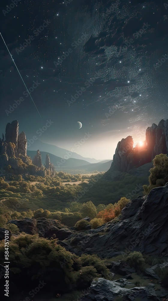 Milky Way and mountains at night. Beautiful landscape with bright milky ...